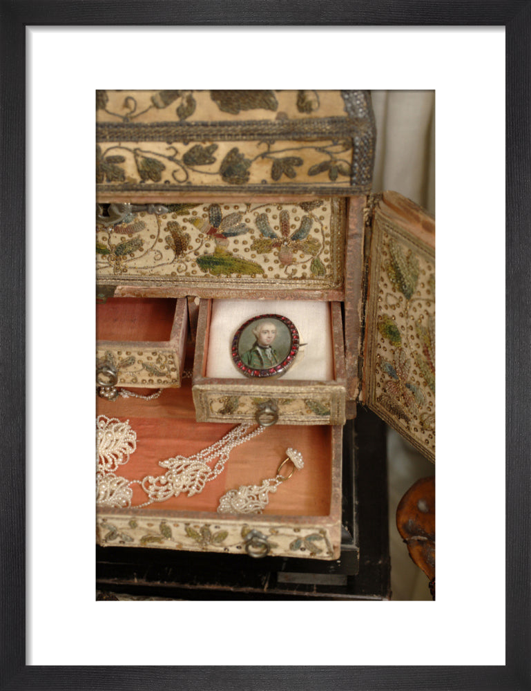 Close view of jewellery and the drawers of the C17th stumpwork box in ...