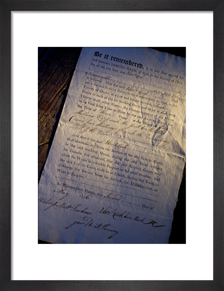 A close up of a contract between Samuel Greg, owner of Quarry Bank Mil ...