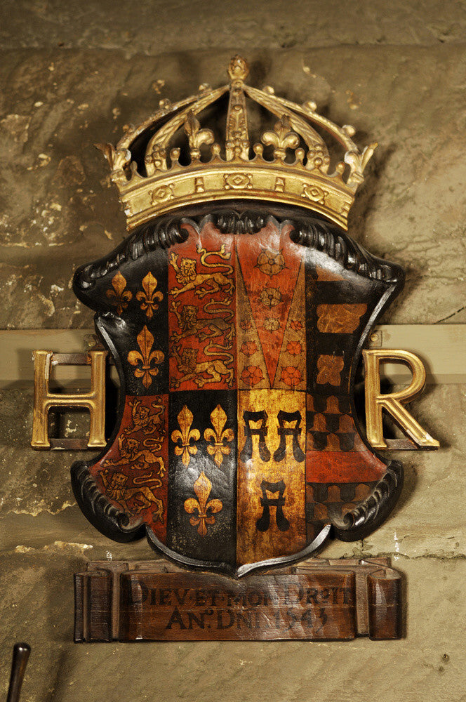 Coloured shield of the royal coat of arms of Henry VIII on the wall of ...