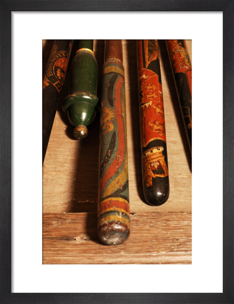 Close view of a collection of decorated truncheons, in the Lobby at Sn ...