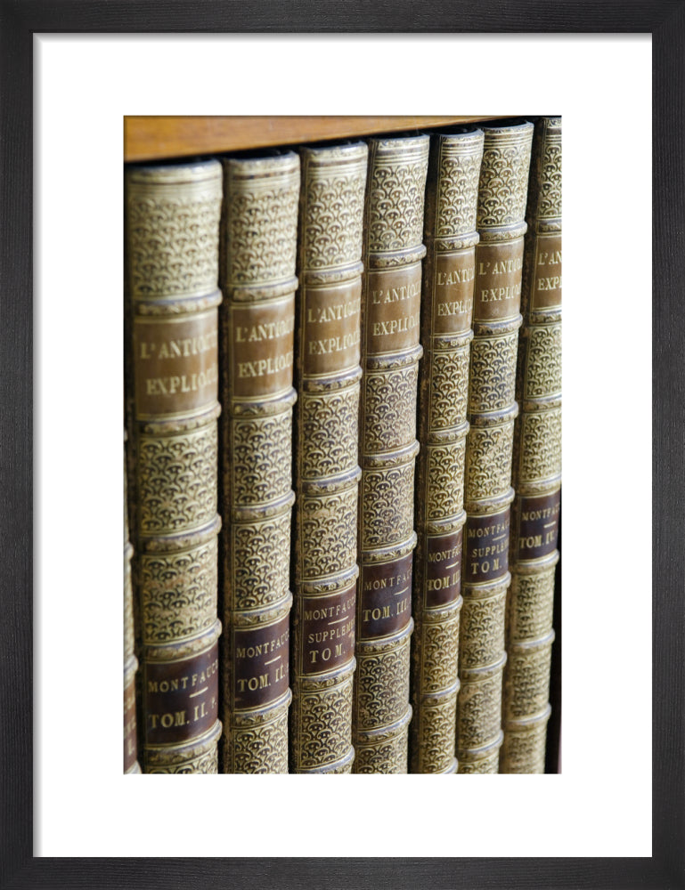 Leather-bound books on bookshelves in the Library at Hughenden Manor ...