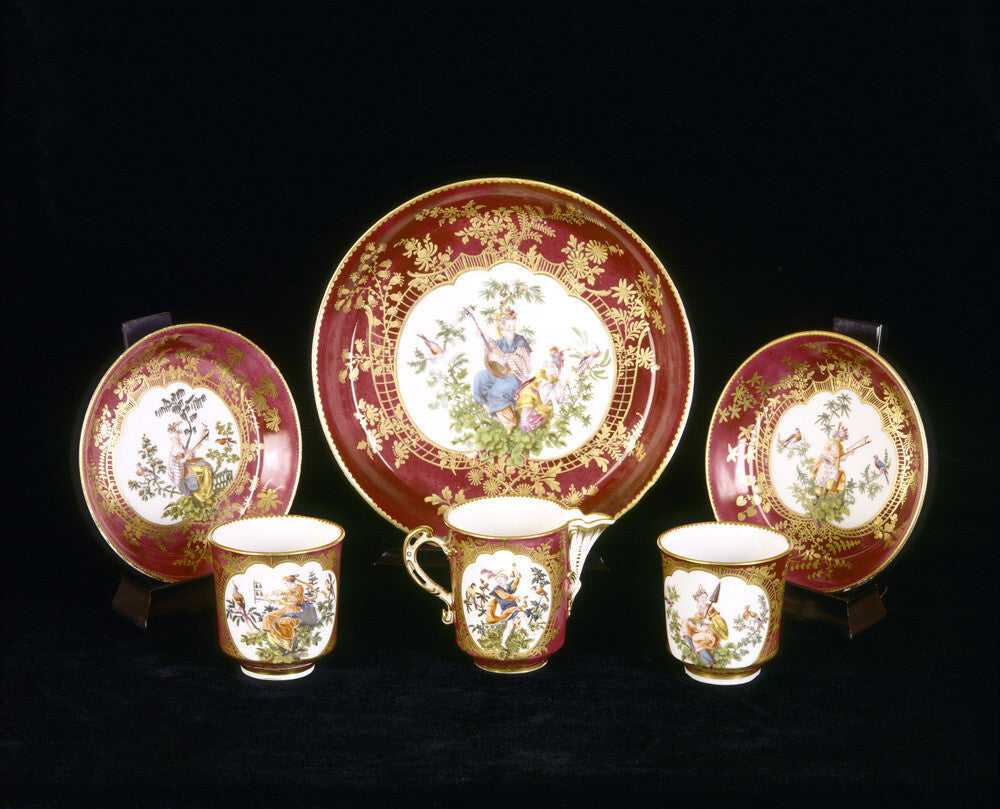 Close view of six pieces from the eighteenth century Chelsea tea servi ...