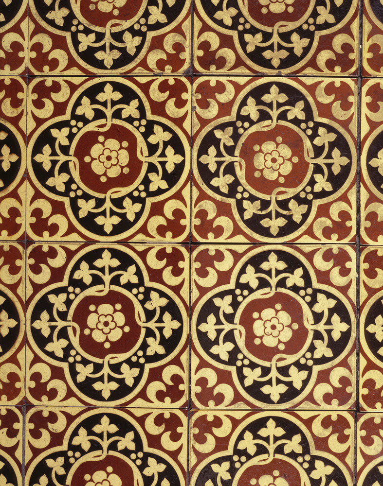 A detail of the Minton tiles on the hearth floor in the fireplace of t ...