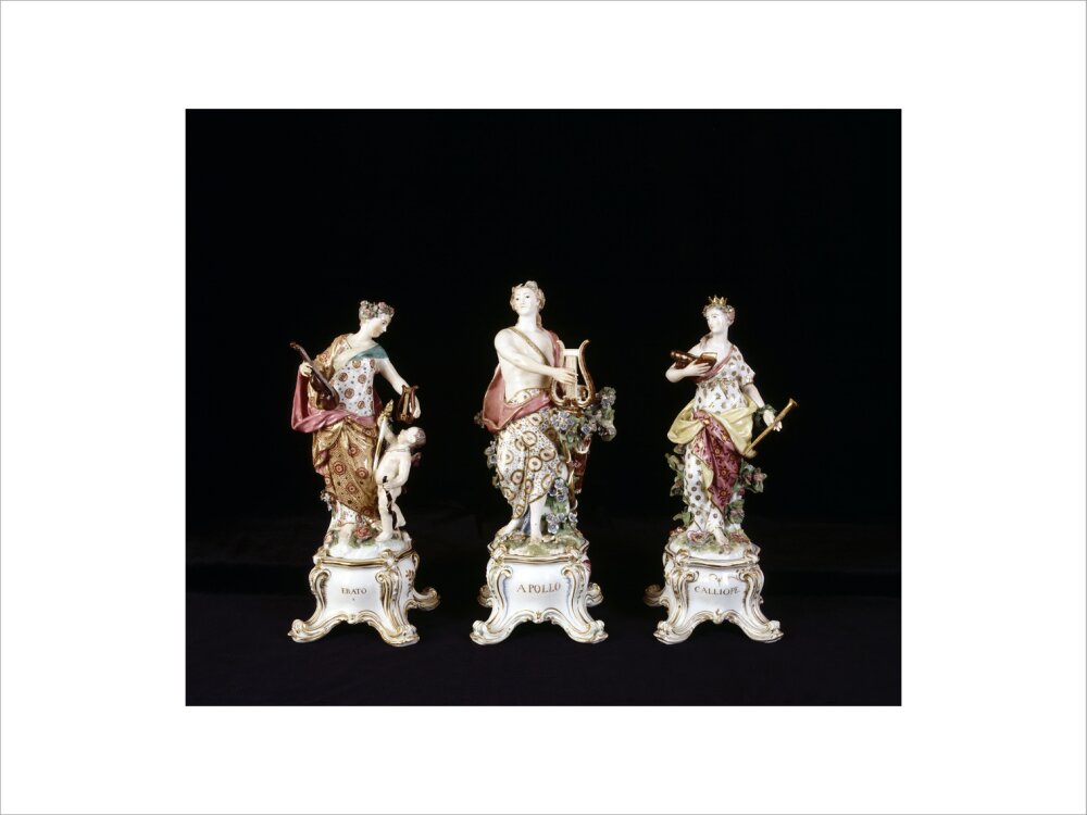 Close view of Chelsea Porcelain figures of Apollo and two of the Muses ...