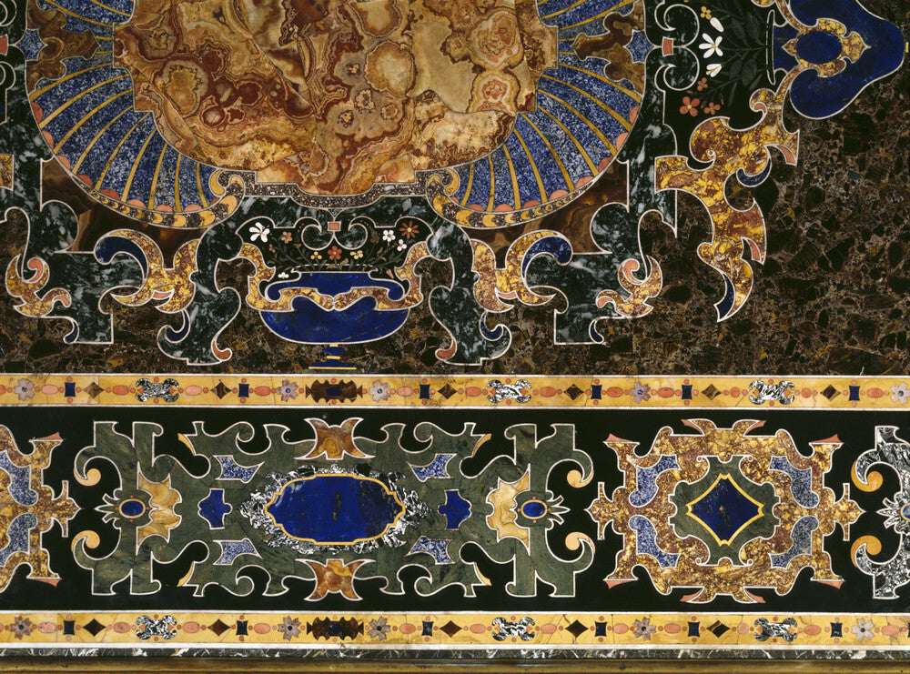 Detail of Lucy table with carved oak base and pietra dura top from the ...