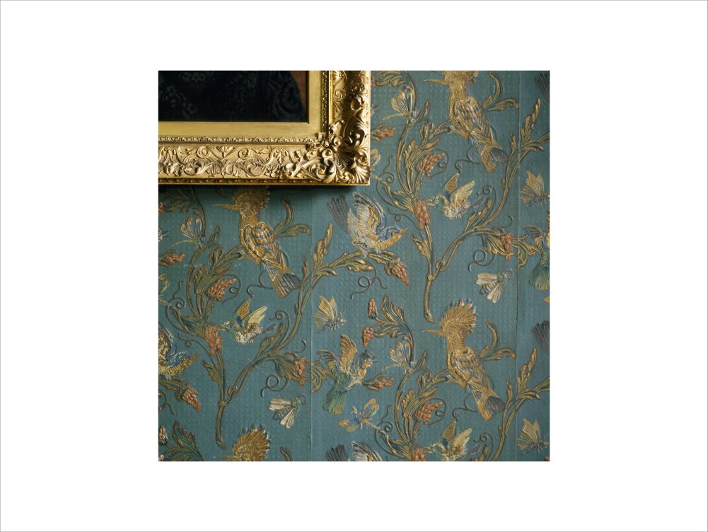 Detail of the 19th century wallpaper in the Library at Dunster Castle ...