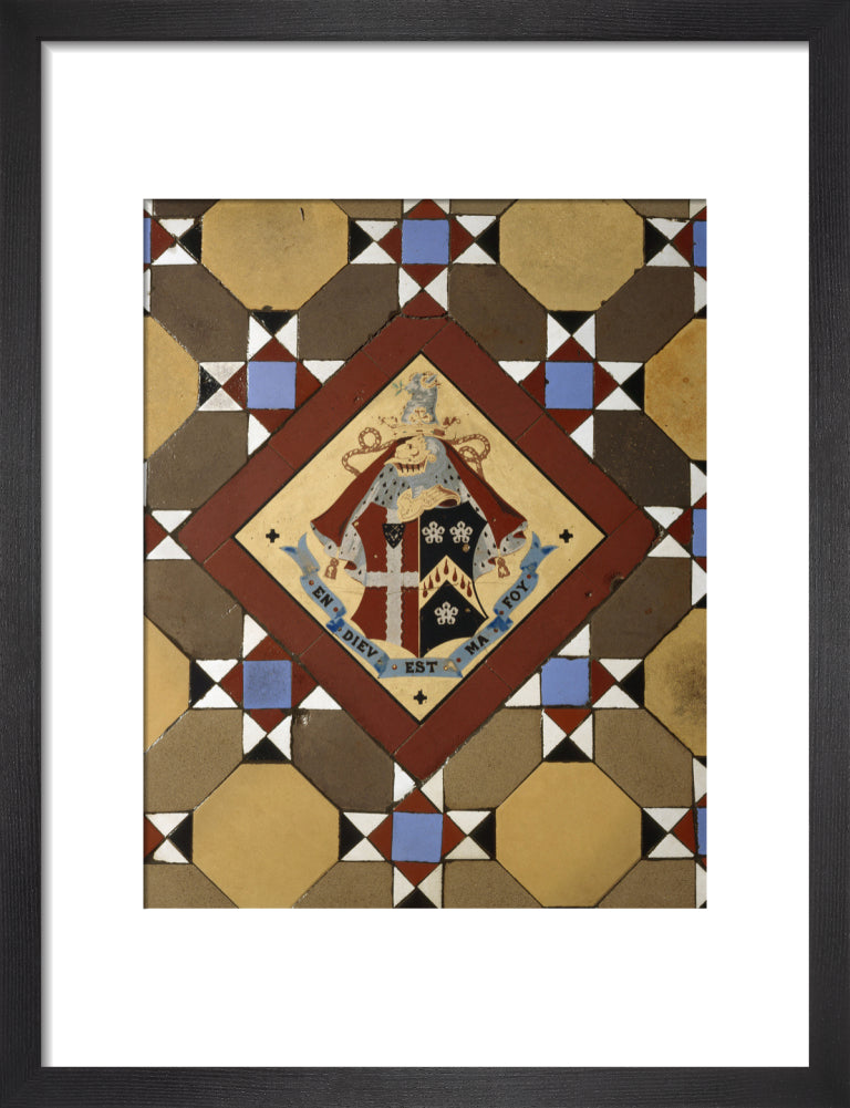 Detail of the Legh family coat of arms on the Minton floor tiles in th ...