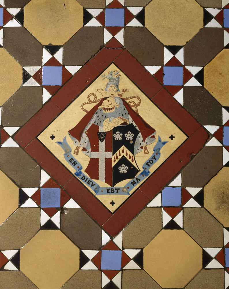 Detail of the Legh family coat of arms on the Minton floor tiles in th ...