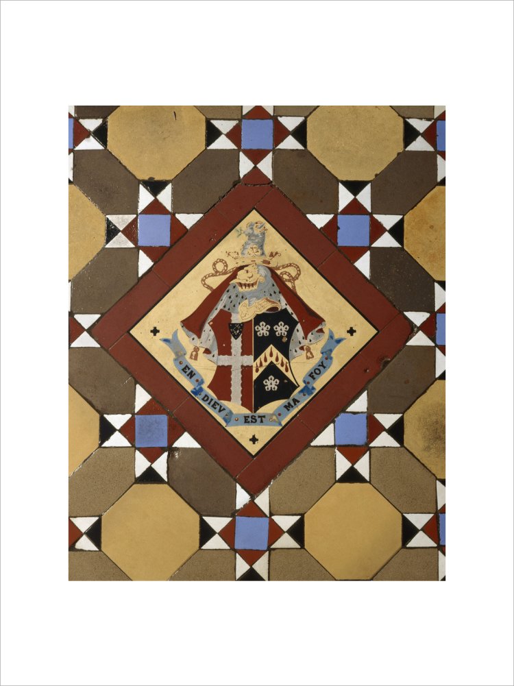 Detail of the Legh family coat of arms on the Minton floor tiles in th ...
