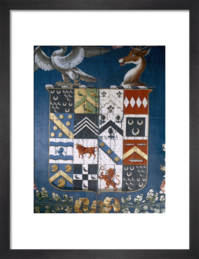 The central section of an heraldic banner painted on silk at Trerice ...