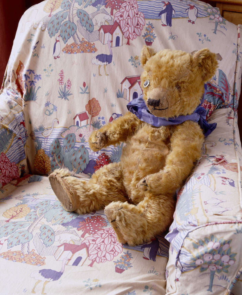 Lord Wraxall's Teddy Bear sitting on a chair covered with a nursery pr ...