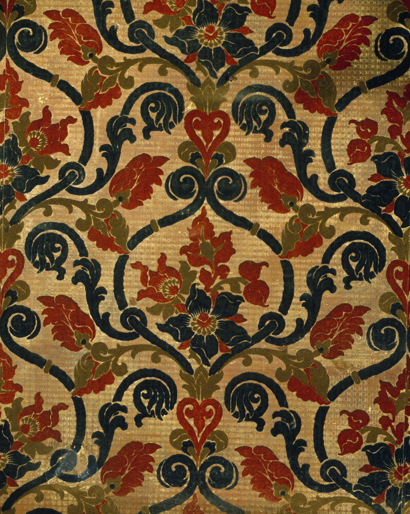 Oxburgh, The library view of wallpaper, flock on gilt c1850 Victorian ...