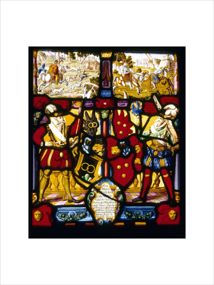 Detail of German stained glass window panel bearing dates and inscript ...