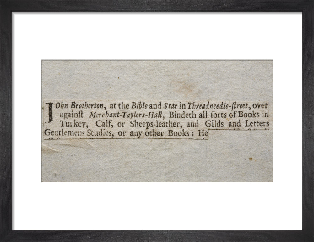 Ticket of the bookbinder "John Bretherton, at the Bible and Star in Th ...