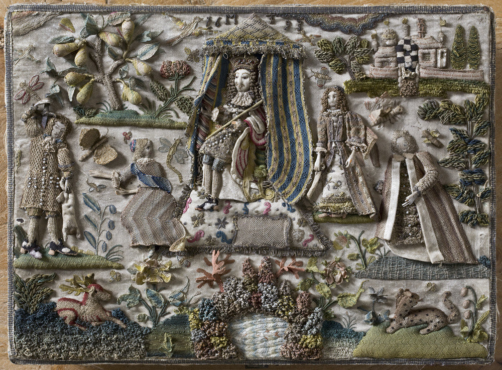 Detail of a stumpwork box dated 1693 and decorated with the Judgement ...