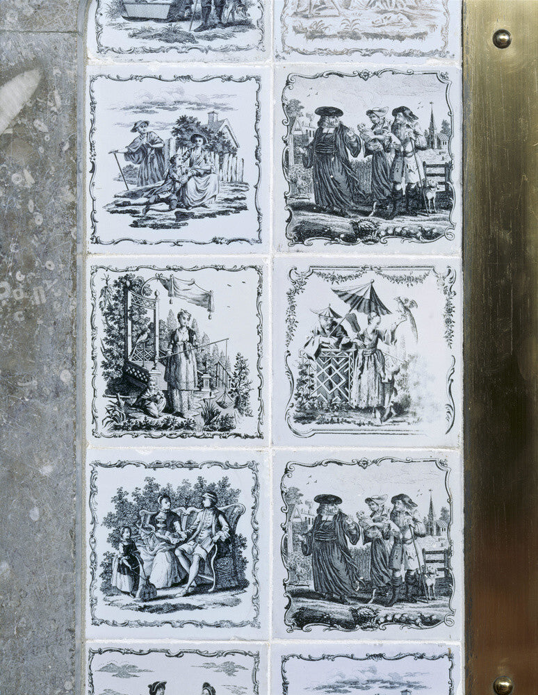 Close view of rococo Liverpool transfer fireplace tiles by Sadler and ...