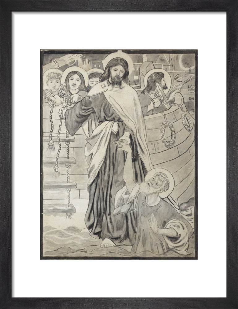 CHRIST RESCUING ST PETER, ink and wash design for stained-glass by For ...