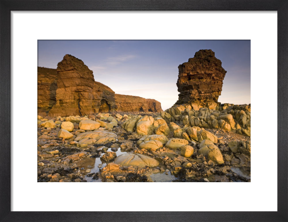 Sunrise on eroded sea stacks and rocks on The Leas, near Whitburn, Tyn ...