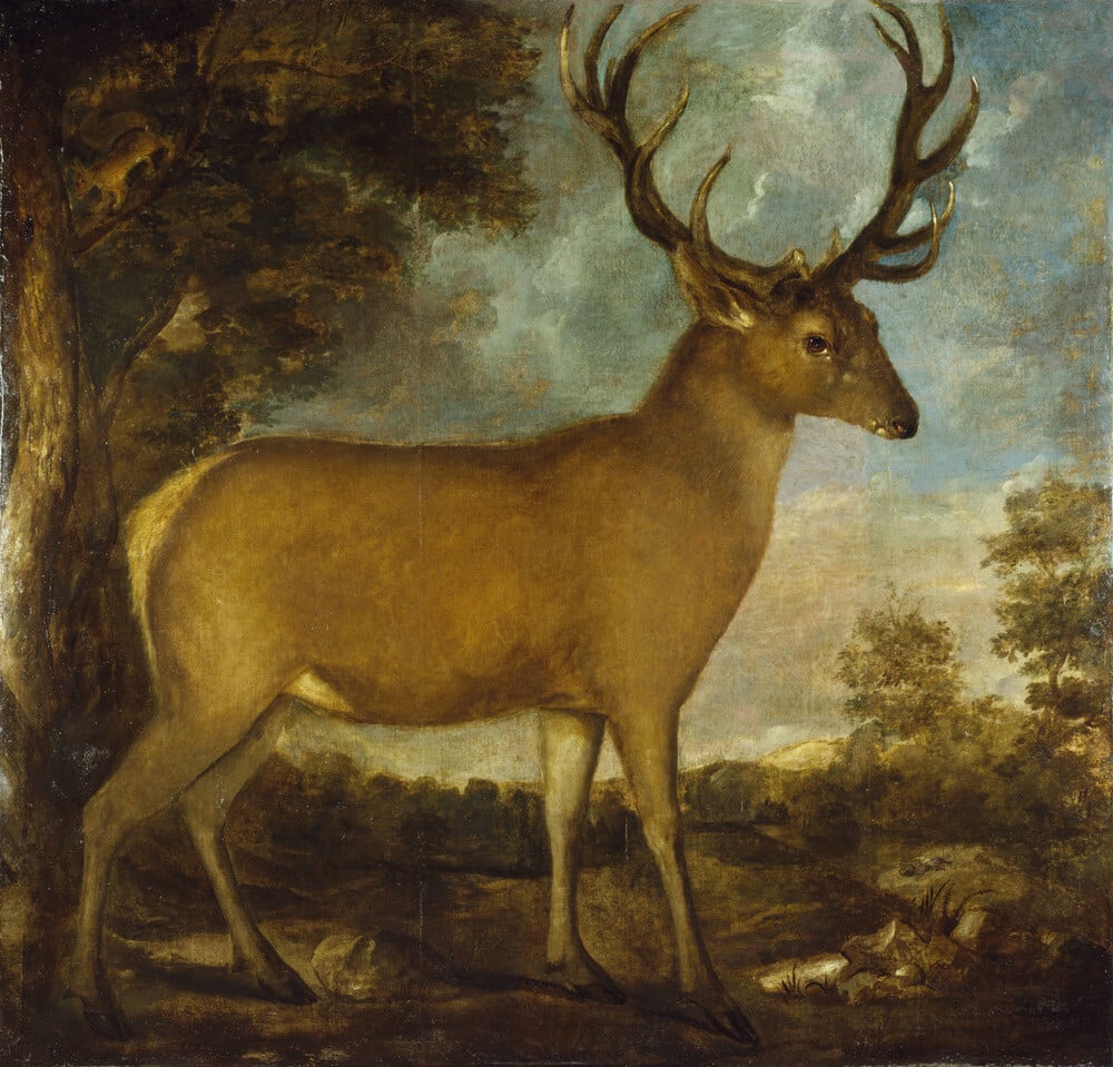 THE DERBY STAG seen against wild countryside and a cloudy sky, oil pai ...