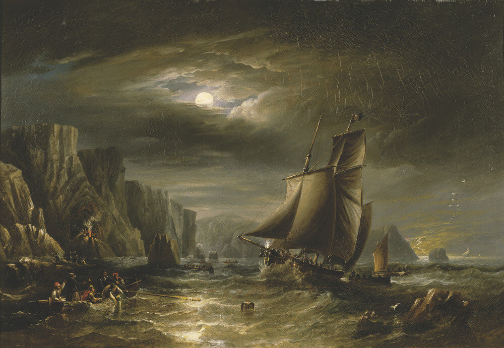 MOONLIGHT COASTAL SCENE dated 1840 by John Wilson Carmichael (1800-186 ...