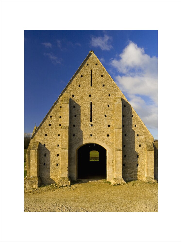 End view of the mid-thirteenth century monastic Great Coxwell Barn nea ...