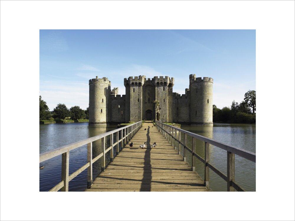 View along the bridge, leading to Bodiam Castle, East Sussex, built be ...