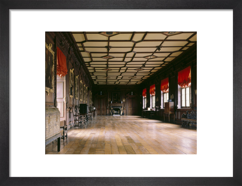View of the Long Gallery at Chirk Castle showing the carved woodwork a ...