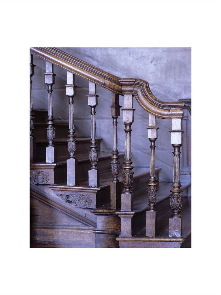Detail of the carved oak balusters and tread ends at the foot of the P ...