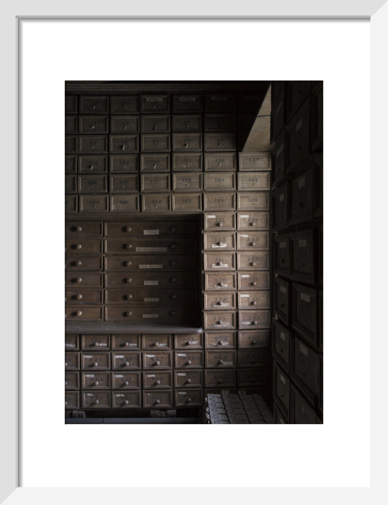 Close view of the wooden drawers in the Muniment or Evidence Room at H ...